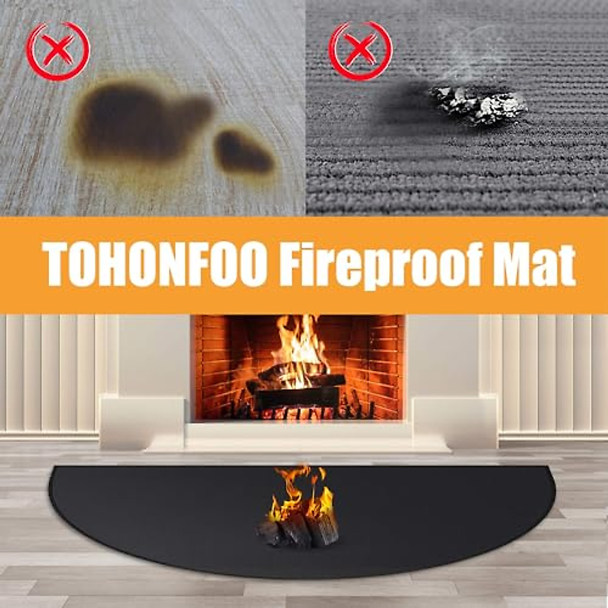 TOHONFOO Hearth Rugs for Fireplaces Fire Resistant, 42 x 24 inches Fireproof Fireplace Mat Hearth Area Rug, Fire Retardant Hearth Pad for Wood Stove Fireplace Indoor & Outdoor - Black, 1mm