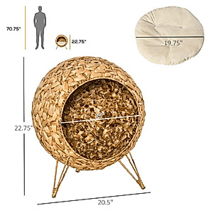 PawHut 20.7" Weaved Cat Bed, Elevated Hand-Woven Braided Banana Leaf Kitten House Condo with Cushion, Natural