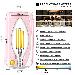 CRLight 3000K Dimmable LED Candelabra Bulb 4W Soft White, 40W Equivalent 400LM E12 LED Chandelier Bulbs, B11 Clear Glass Candle Torpedo Shape, 6 Pack