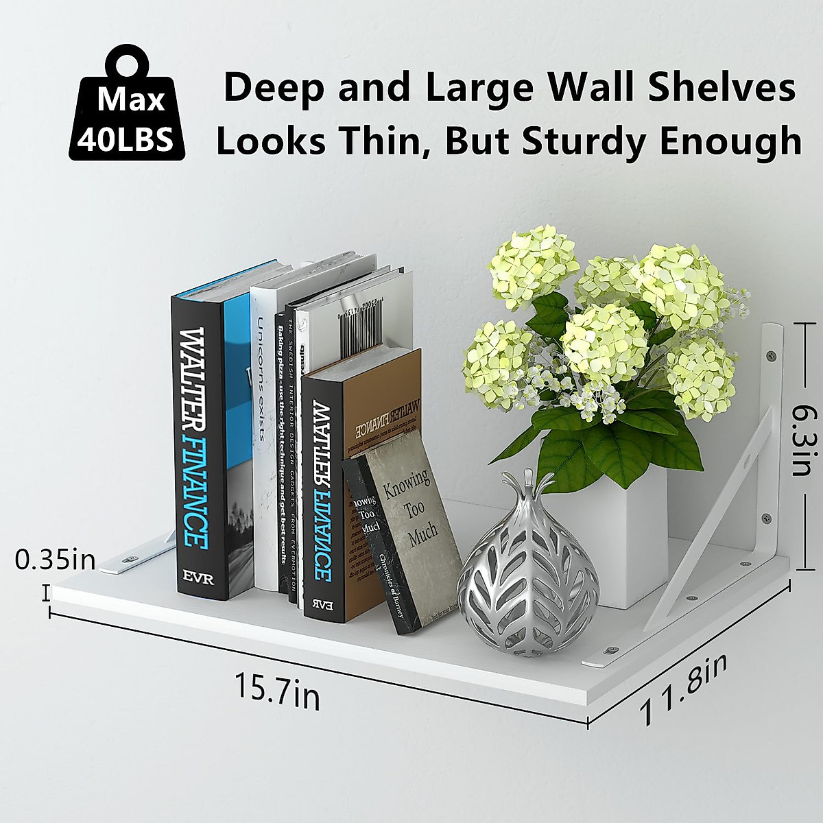 Deep Floating Shelves for Wall 4 Sets, 12 Inch Deep Floating Wall Shelves White, Wide Floating Shelhiteves Wall Mounted, Large Floating Shelves for Bathroom, Bedroom, Kitchen, Living Room, Office