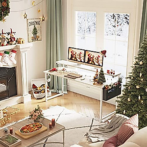 ODK Computer Desk with Adjustable Monitor Shelves, 63 inch Home Office Desk with Monitor Stand, Writing Desk, Study Workstation with 3 Heights (10cm, 13cm, 16cm), White + White Leg