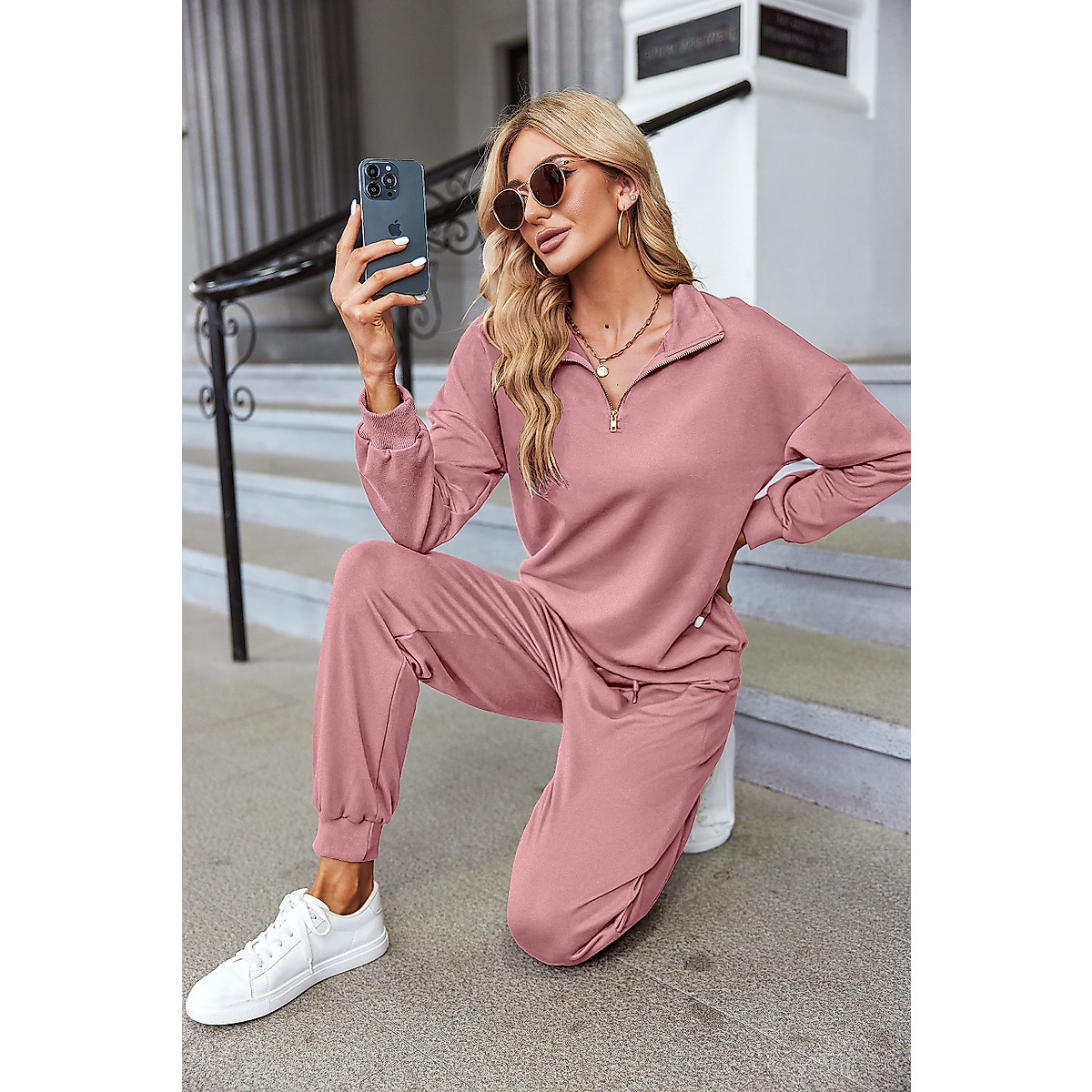 ELESOL Womens Tracksuit Long Sleeve Jogger Sets Zip Pullover Cotton Top and Drawstring Long Pants Set 2 Pieces Outfit