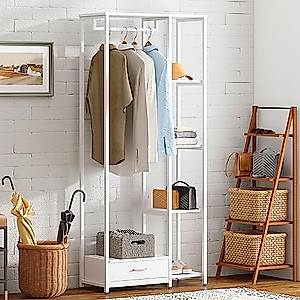 SogesHome Hall Tree with 1-Drawer, 3-in-1 Wood Cloth Garment Racks, Coat Stand with 4-Tier Side Storage Shelves, Home Storage Stand Open Display for Living-room, Bedroom, White
