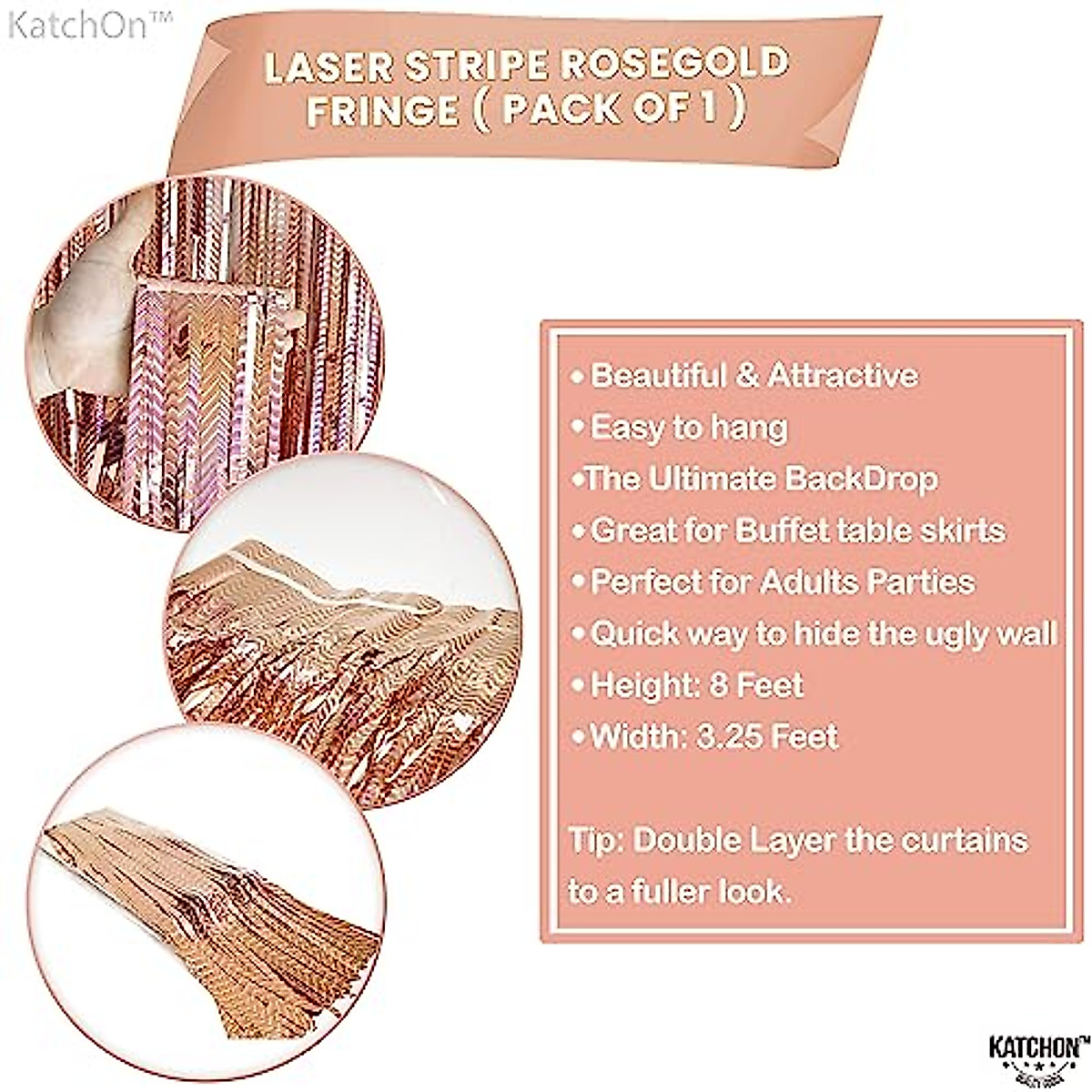 KatchOn, Laser Stripe Rose Gold Fringe Curtain - XtraLarge 3.2 x8 Feet, Pack of 1 | Rose Gold Backdrop Curtain for Bachelorette Party Decorations | Rose Gold Streamers for Rose Gold Party Decorations