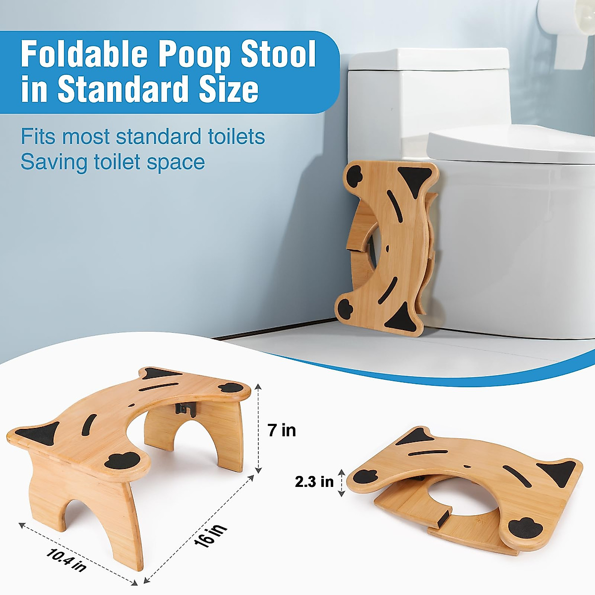 JLKCTHH Bamboo Toilet Stool for Bathroom, 7 Inches Foldable Toilet Stool Squat, Bathroom Poop Stool for Adult with Non-Slip Pads