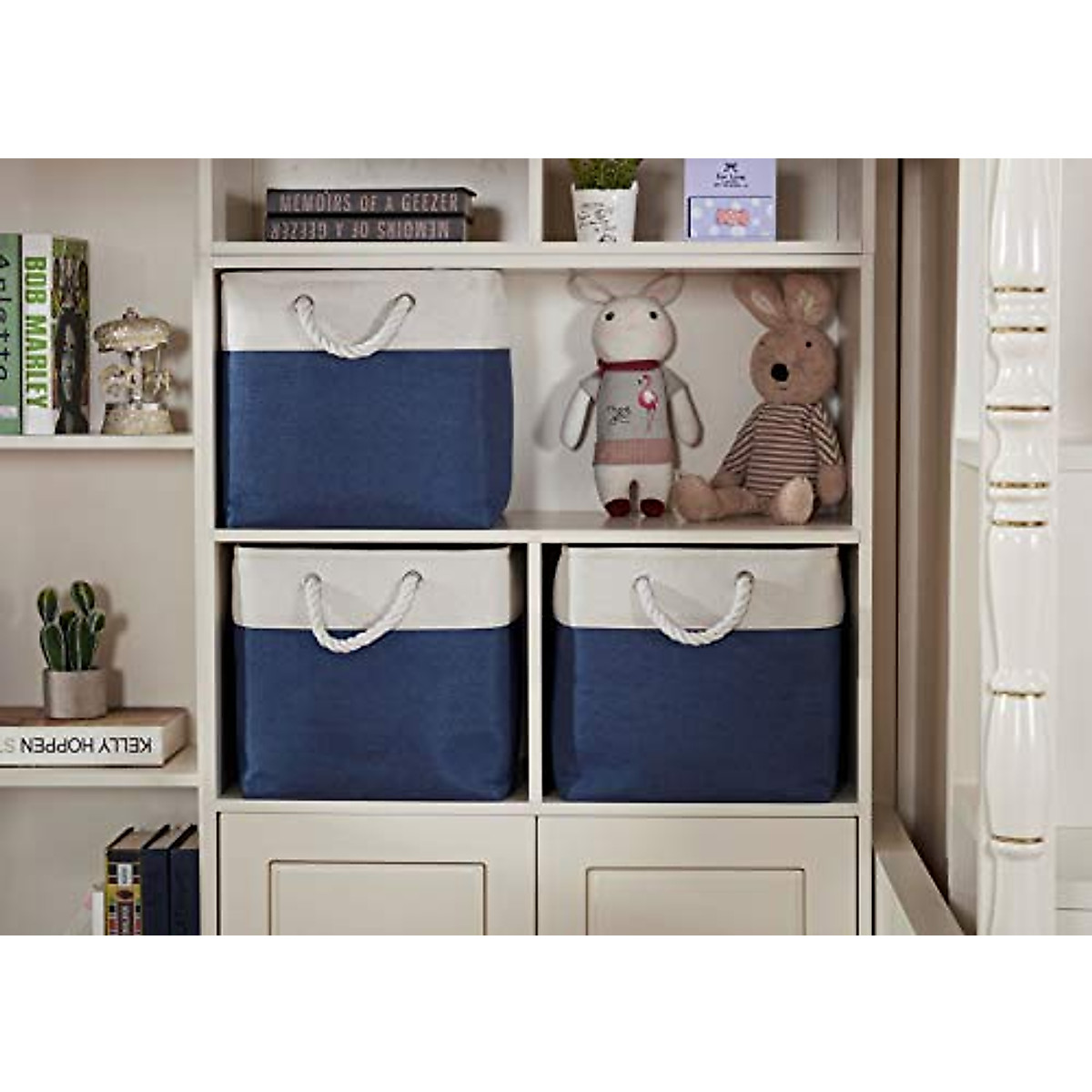 DECOMOMO Cube Storage Organizer Bins | Box Storage Cube Basket with Handles Fabric Cloth Bins for Organizing Shelf Nursery Home Closet (Navy Blue & White, 13 x 13 x 13 inch - 3 Pack)