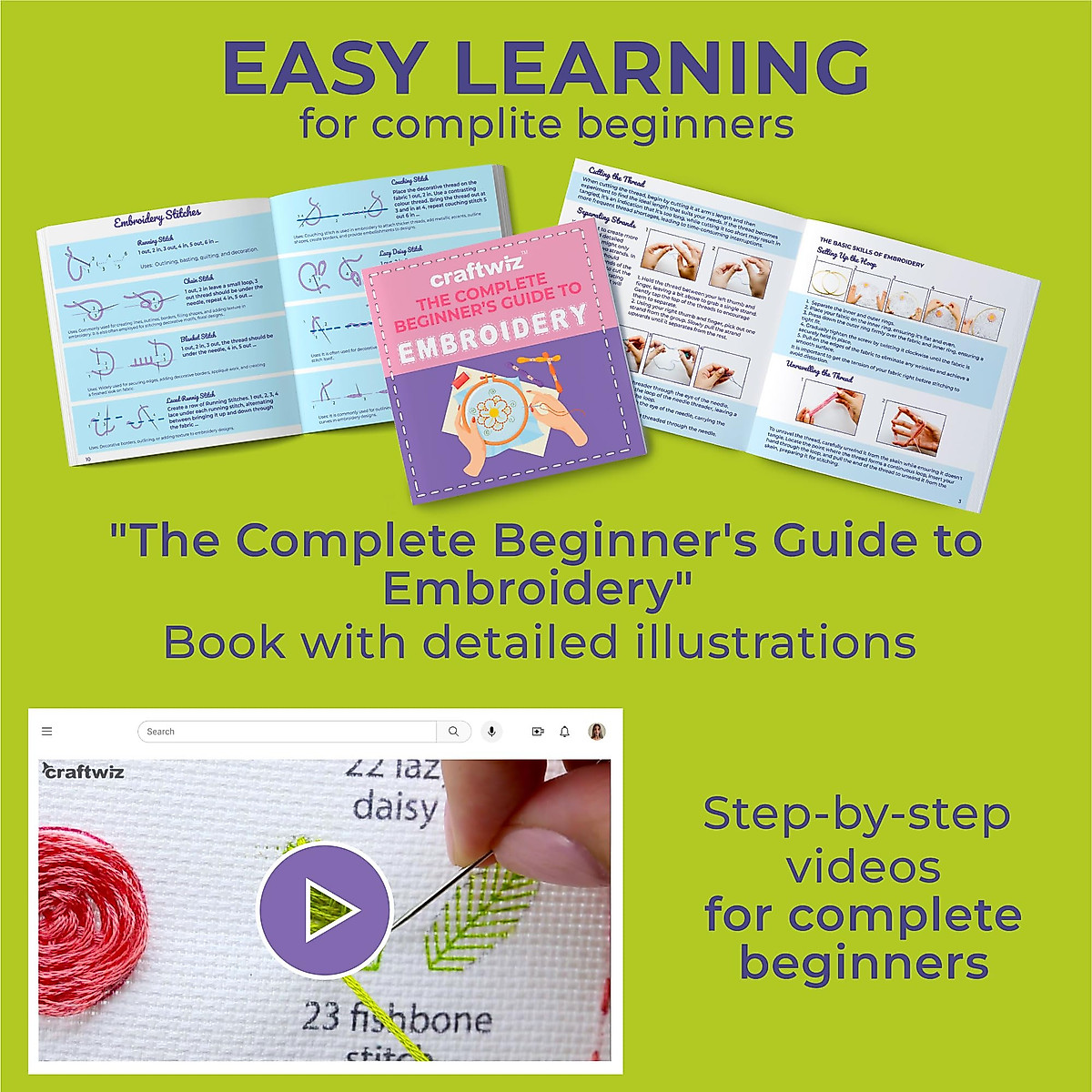 Craftwiz 4 Set Starter Embroidery Kit for Beginners Adults and Teens with Simple Embroidery Patterns, Beginner Embroidery Kit for Adults, Learn to Embroider 29 Stitches with Hand Embroidery Kit