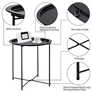 Garden 4 you Folding Tray Metal Side Table Black Round End Table Cyan Sofa Small Accent Fold-able Table, Round End Table Tray, Next to Sofa Table, Snack Table for Living Room and Bed Room