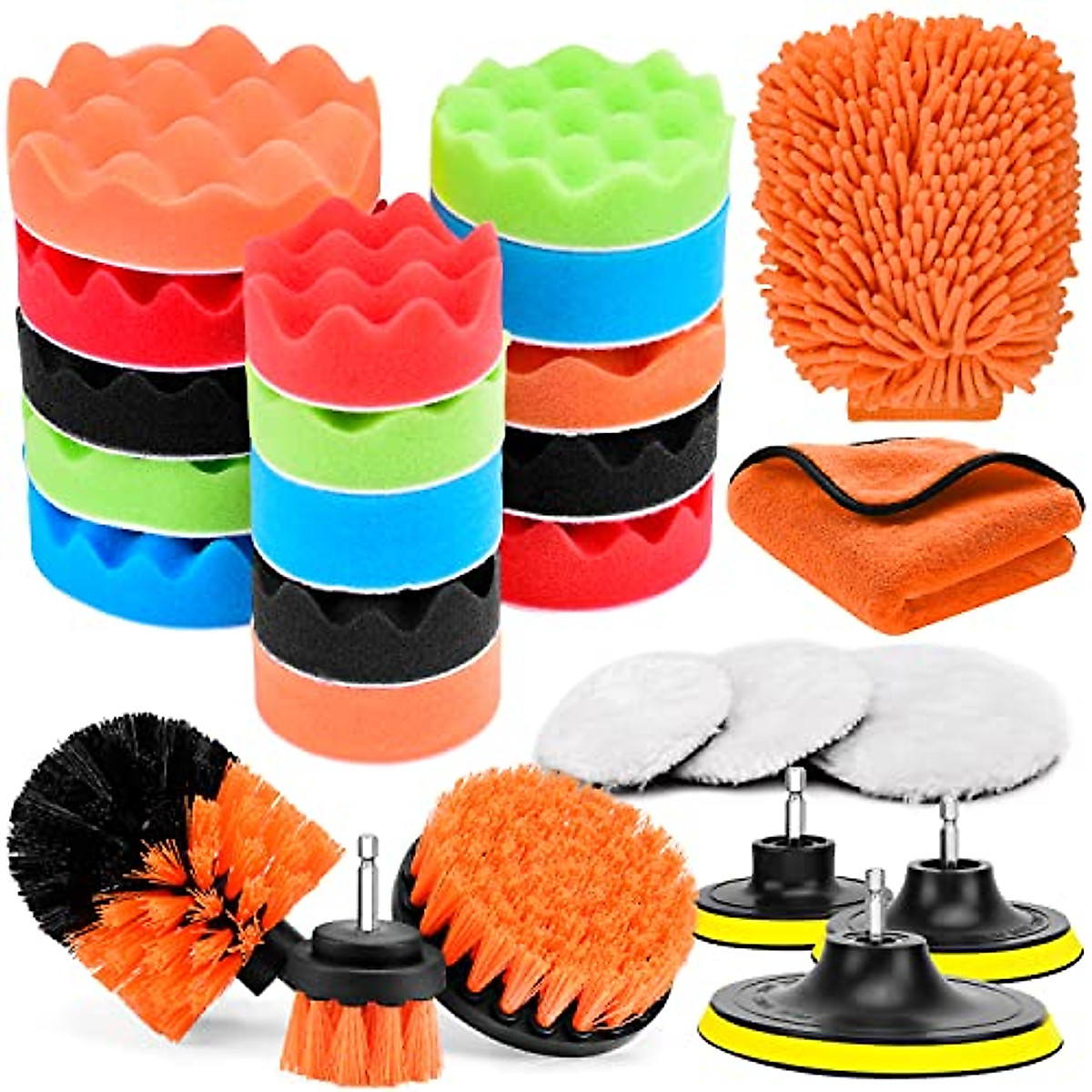 Aucurwen Buffing Polishing Pads, 26Pcs 3" 4" 5" Car Detailing Kit, Car Foam Drill Polishing Pad Kit, Drill Brush Attachment, Car Polisher and Buffer for Detailing, Body Repair, Drill