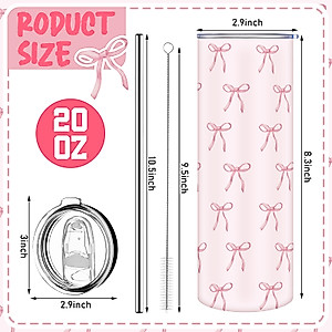 Skylety Pink Bow Tumbler with Lid and Straw, 20 oz Coquette Bow Stainless Steel Drinking Cup for Women Friend Birthday Party Gifts