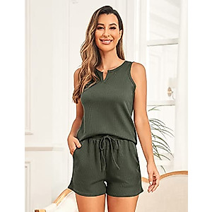 ANGGREK Women's Pajama Sets Sleeveless Tops and Shorts with Pockets 2 Piece PJ Sets for Loungewear Sleepwear,Army Green,X-Large