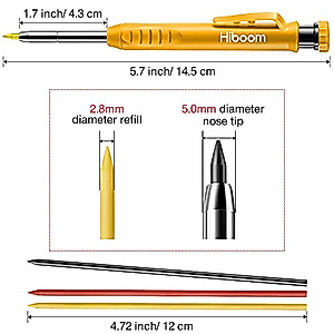Hiboom 3 Pack Solid Carpenter Pencil with 21 Refill, Long Nosed Deep Hole Mechanical Pencil Marker with Built in Sharpener for Carpenter Fathers Day Gift (Yellow, Red, Black Cover)
