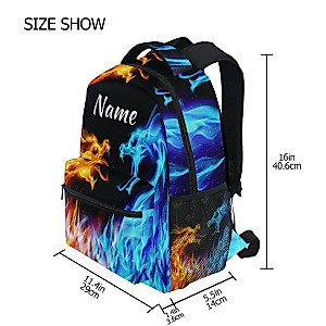 Custom Blue And Red Fiery Dragons School Backpack Personalized Your Name Text Bookbag for Boys Girls Teens Casual Travel Bag Computer Laptop Daypack
