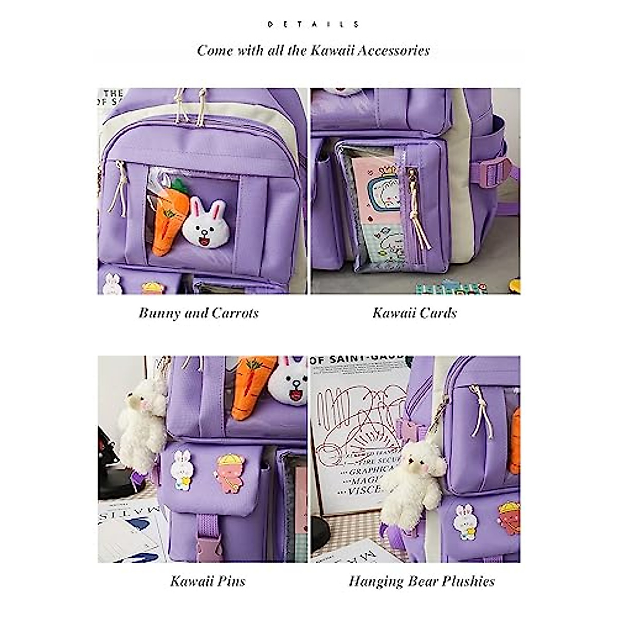 JHTPSLR Kawaii Backpack Set of 5 with Pins and Accessories Bunny and Carrot Plushies Cute Aesthetic Display Window Backpack Set (Blue)