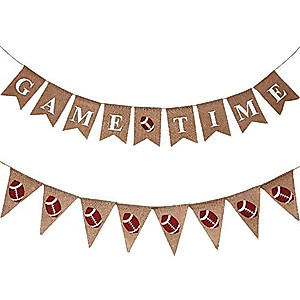 2 Pieces Football Game Time Banner Football Bunting Banner Sports Burlap Banner Rustic Football Decoration for Football Theme Baby Shower Gender Reveal Party