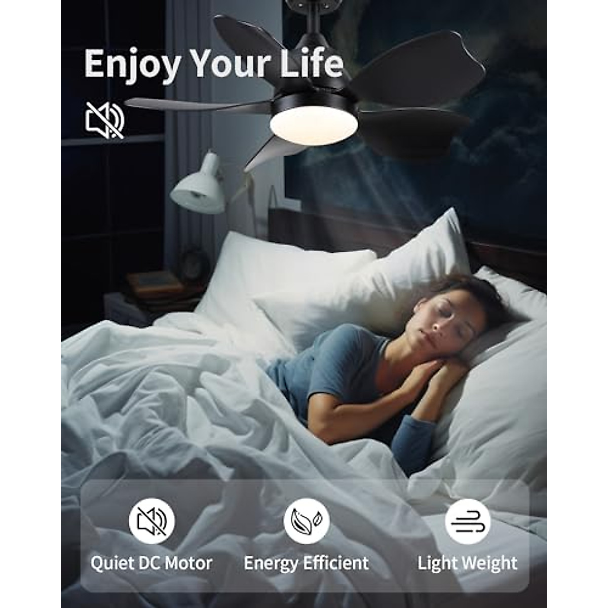 Newday 30" Ceiling Fan with Light and Remote, Small Ceiling Fans with Lights, 5 Reversible Blades 3 Colors Dimmable 6 Speed Ceiling Fan for Bedroom Kitchen Dining Room, Black Ceiling Fan with Light