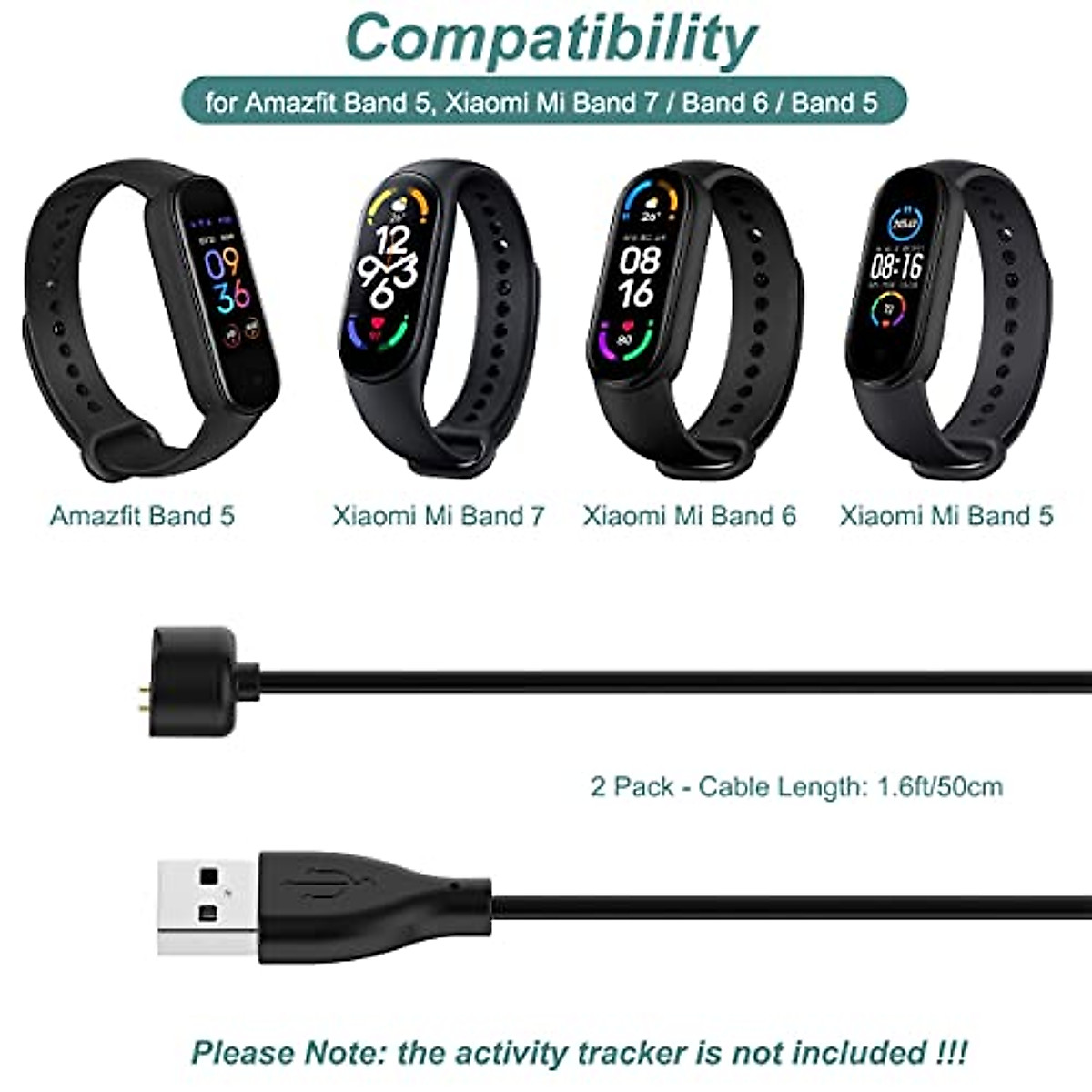 Kissmart Charger for Amazfit Band 5, Xiaomi Mi Band 7/6/5, Replacement USB Magnetic Charging Cable Cord Accessories for Mi Band 7/6/5, Amazfit Band 5 Fitness Tracker [2Pack - 1.6ft/50cm]