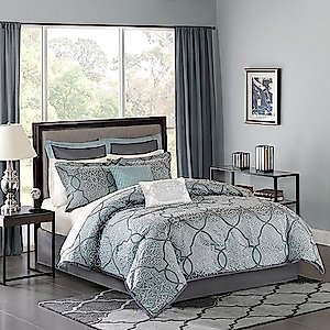 Madison Park Lavine Cozy Bed in a Bag Comforter Set, Traditional Luxe Jacquard Design All Season Down Alternative Bedding with Cotton Bed Sheets, Bed Skirt & Pillows, King Blue 12 Piece