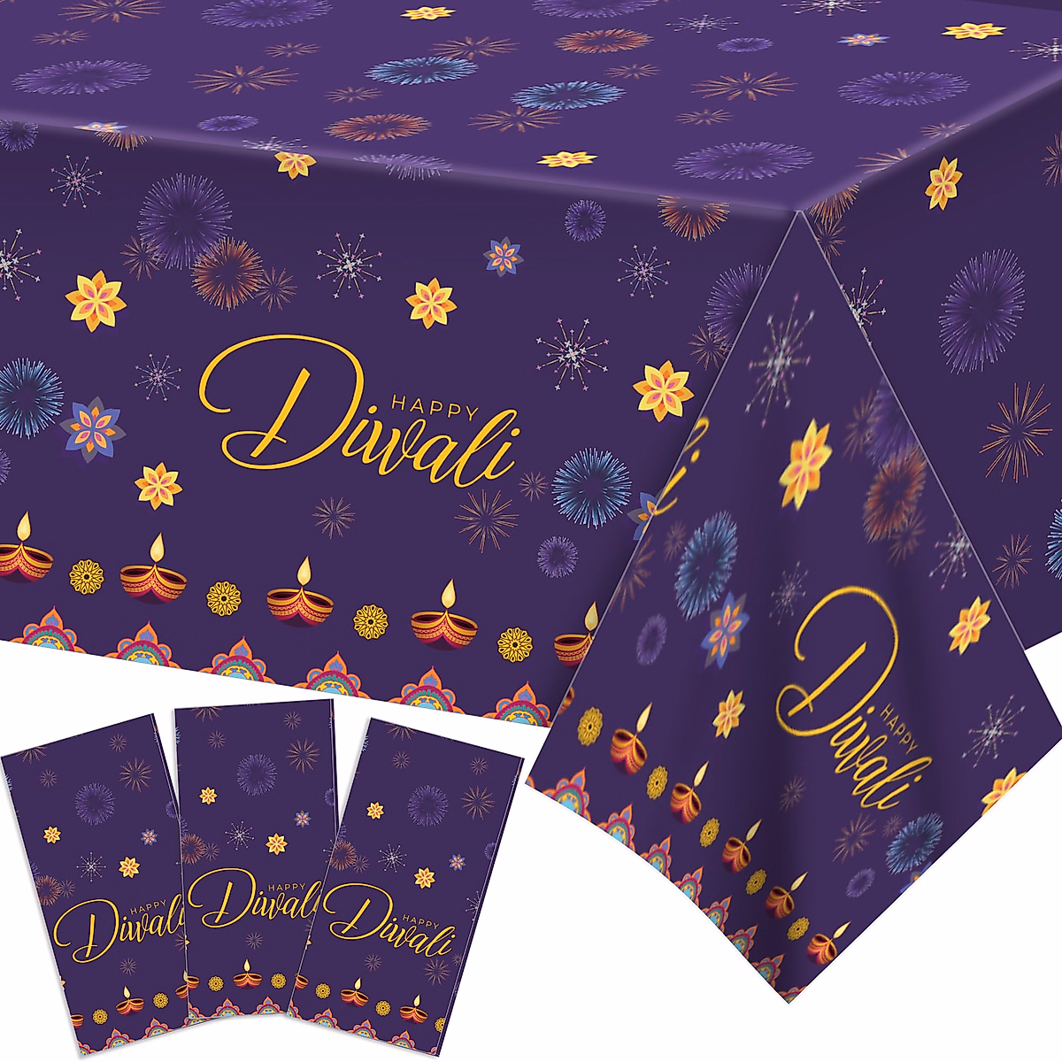 KYMY 3pcs Happy Diwali Table Covers with 86.6" X51.18", India Festival of Lighting Tablecloths, Rectangle Plastic Diwali Tablecovers for India Festival Deepawali Party Kitchen Dining Decoration
