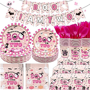 Yavxzvbw 182Pcs Boo I'm Two Decor Birthday Halloween Decorations Two Spooky Birthday Pink Halloween Birthday Party Decorations Girl with Boo Banner for Halloween 2nd Birthday Decorations