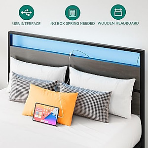 YITAHOME Queen Size Bed Frame, LED Bed Frame with 2 USB Ports, Platform Bed Frame with 10.2” Under Bed Storage Clearance, Strong Metal Slats Support, No Box Spring Needed, Black Brown