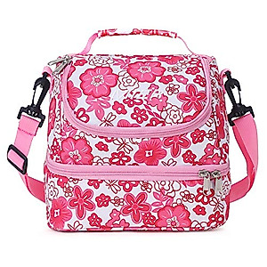 MIER 2 Compartment Kids Small Lunch Box Bag for Boys Girls Toddlers, Adult Leakproof Cooler Insulated Lunch Tote with Shoulder Strap (Pink Flower)