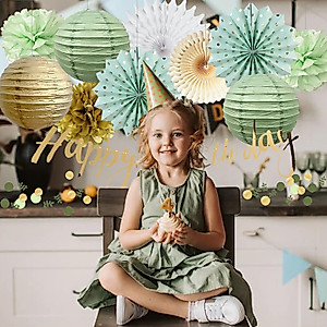 Sage Green Gold Birthday Party Decorations Paper Fans Paper Lanterns Sage Green Gold Scatter Table Decoration for Girls Women Birthday Sage Green Nature Baby Shower Party Decoration