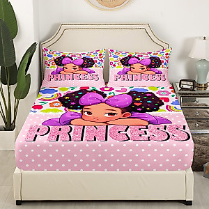 Black Girls Fitted Sheet Twin Size,Princess Girl Pink Diamond Glitter Pattern Bedding Set,Cute African Style Americans Bed Sheet Kids Teens Cartoon Colorful Flower Deep Pocket Sheet,1 Pillowcase
