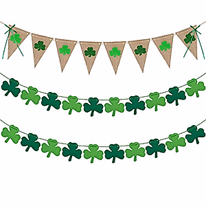 3 Pack Shamrock Garland Banners, Burlap Rustic St. Patrick's Day Banner & Felt Shamrock Garland Decorations for Irish Lucky Day Home Outdoor Hanging Decor