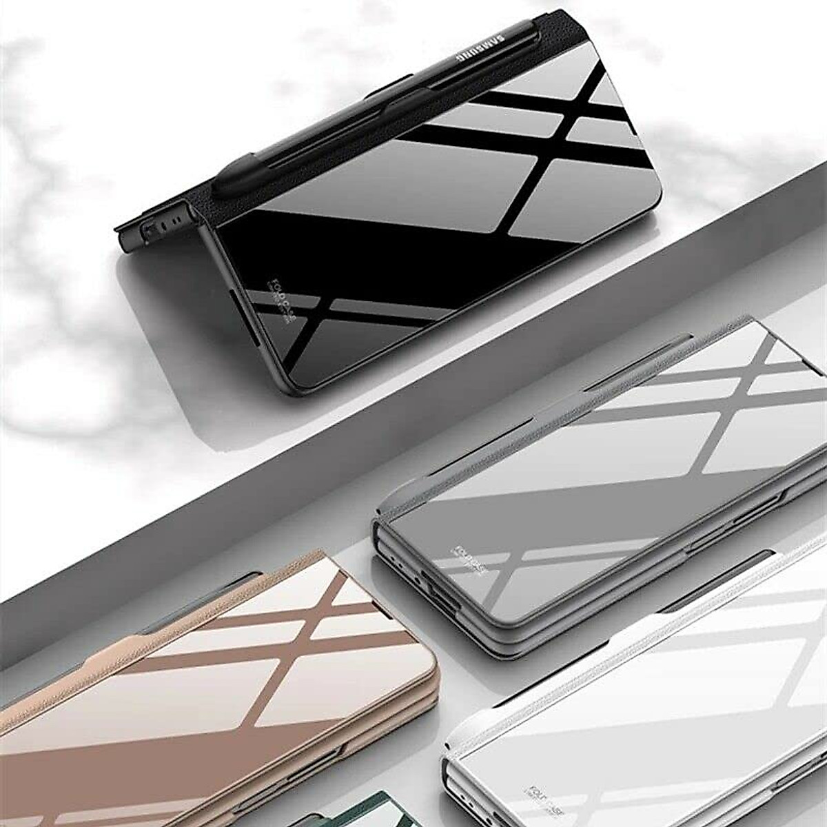 EAXER for Samsung Galaxy Z Fold 3 5G Case, Glass Material W/S Pen Slot Luxury Shockproof Anti-Slip Glossy Glass Flip Phone Case Cover (Checkerboard Brown)