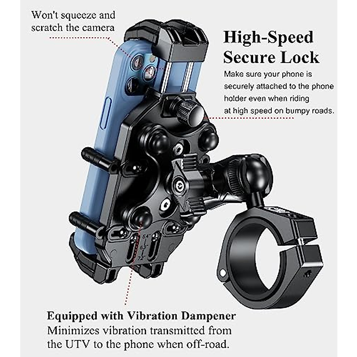 BRCOVAN UTV Phone Mount with Vibration Dampener & High-Speed Secure Lock, Anti-Theft UTV Roll Bar Cellphone Holder Fit Roll Cage Diameter 1.5'' 1.65'' 1.75'' 1.85'' 2'', for 5.4''-7.2'' Smartphones