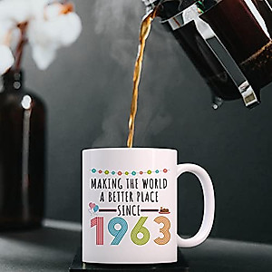 60th Birthday Gifts for Women, Funny 60 Year Old Gift Coffee Mug, 1963 60th Birthday Mugs for Her, Mom, Aunt, Wife, Sister, Grandma, Friend, 11 oz Tea Cup Making the World a Better Place Since 1963