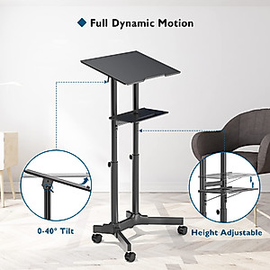 BONTEC Lecterns & Podiums Portable Mobile Standing Laptop Desk, Sit Stand Desk with Wheels, Height Adjustable Home Office Classroom Pulpit Stand Up Desk Workstation, Rolling Table Laptop Cart with Storage Tray, Black