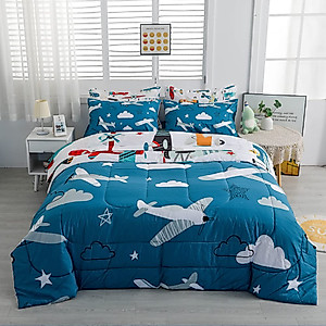 Yasida 7 Piece Airplane Comforter Set for Boys and Girls,Comforters Twin Size Bed in a Bag, Microfiber Kids Bedding for All Season (1 Comforter, 1 Flat Sheet, 1 Fitted Sheet, 4 Pillowcases)