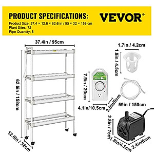 VEVOR Hydroponics Growing System, 72 Sites 8 Pipes Hydroponic System, 4 Layers Hydroponic Kit, Vertical Hydroponic Growing System with Water Pump, Pump Timer, Nest Basket, Sponge for Fruit Vegetables
