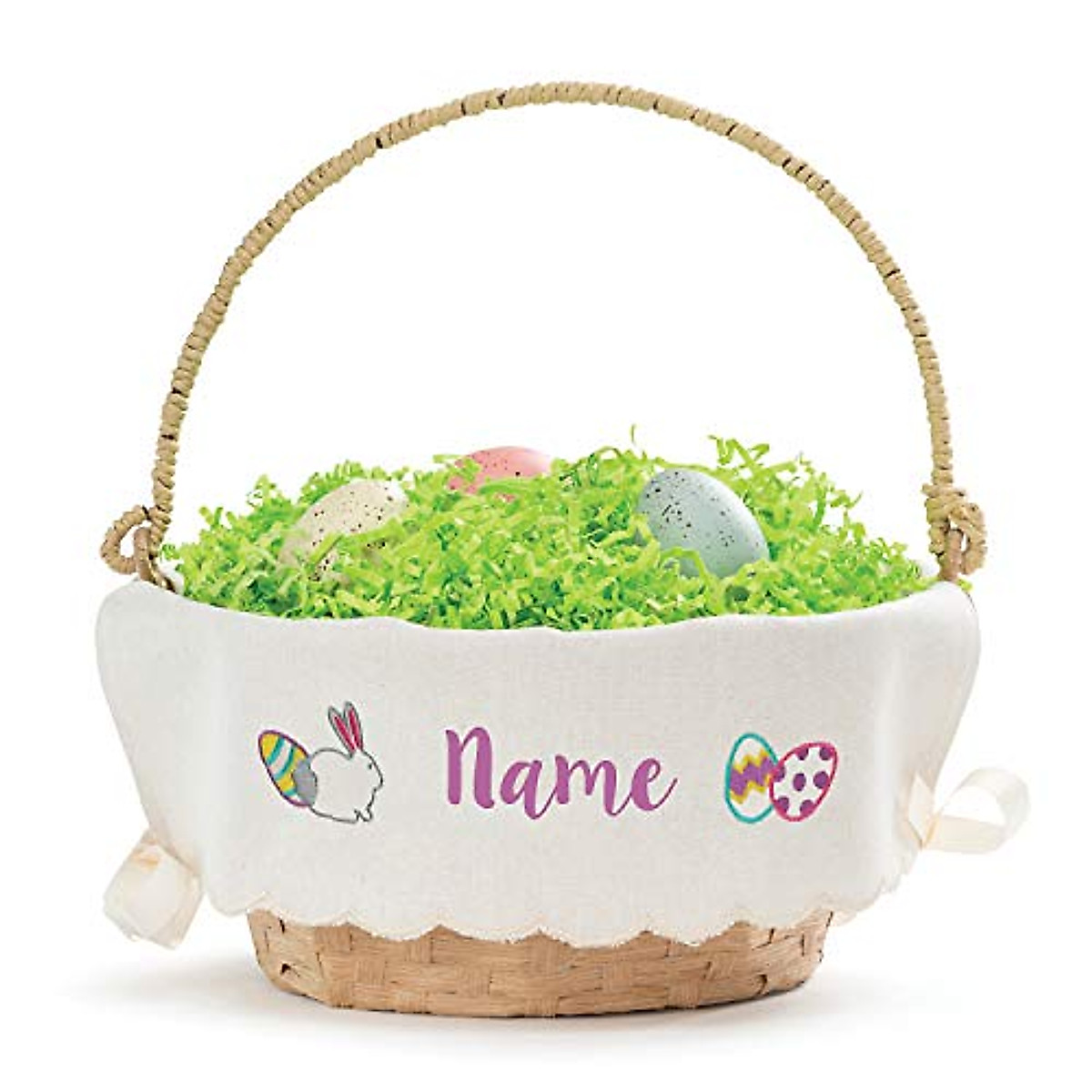 Bunny and Eggs Personalized Easter Egg Basket with Handle and Custom Name | Scallop Edge Linen Easter Basket Liners | Tan Basket | Woven Easter Baskets for Kids | Customized Easter Basket