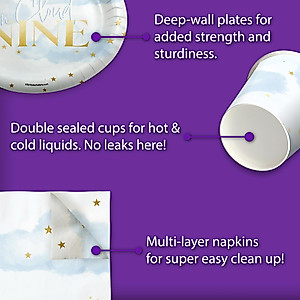 On Cloud Nine Birthday Party Supplies - Bridal Shower Tableware Set Includes Plates Napkins Cups - Kit for 16