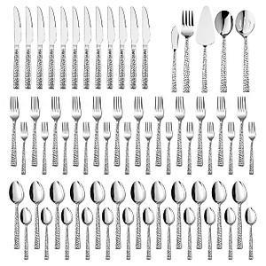 65-Piece Silverware Set with Serving Pieces, E-far Stainless Steel Hammered Flatware Eating Utensils Service for 12, Modern Tableware Cutlery Set with Square Edge, Mirror Polished, Dishwasher Safe