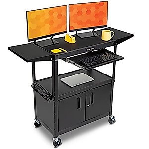 Line Leader Large AV Cart with Locking Cabinet & Drop Leaves, Rolling Height Adjustable Utility Cart with Pullout Laptop Keyboard Tray & Cord Management, Narrow Mobile Workstation (Black, 54 x 18)