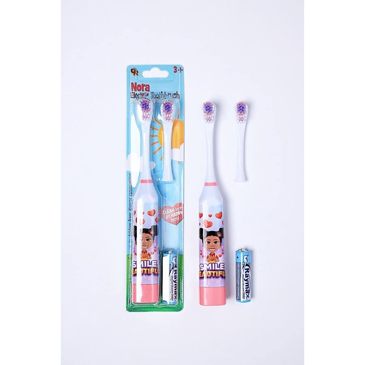 OUR REFLECTIONS Kids Battery Powered, 2 Toothbrush Heads, Soft Bristles, Ages 3 and up. Diversity Girl Nora, Boy John (Nora Electric Toothbrush, Pink)