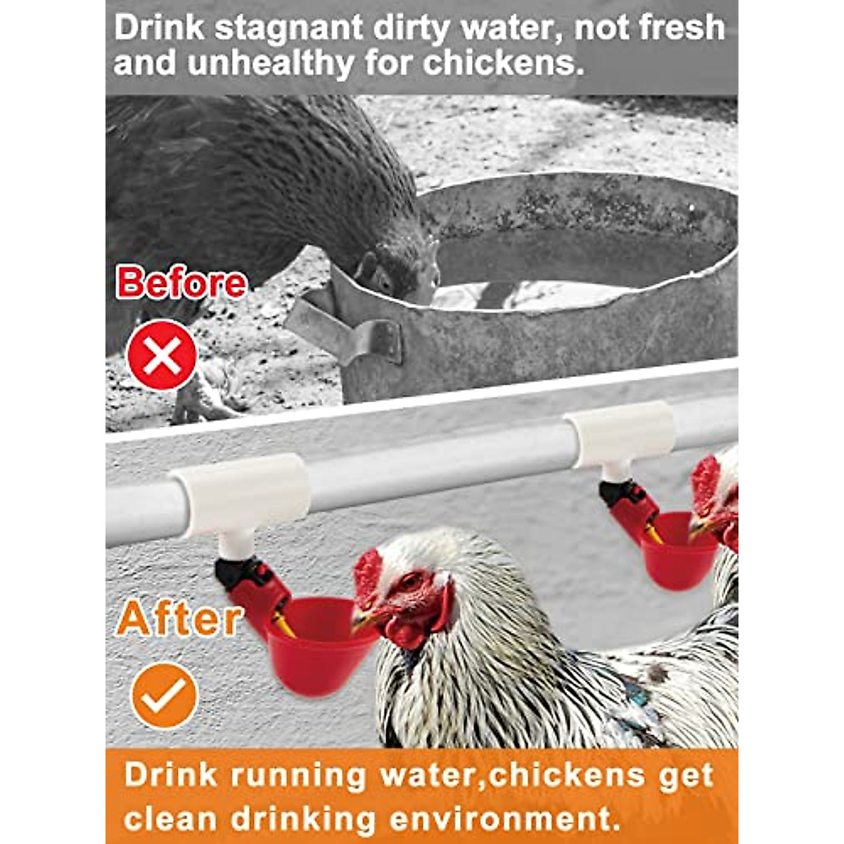 Automatic Poultry Drinking Cups-6 Pack Chicken Waterer Drinking Cups and 6 Pack Chicken Waterer PVC Tee Fittings for Chicken Quail Duck