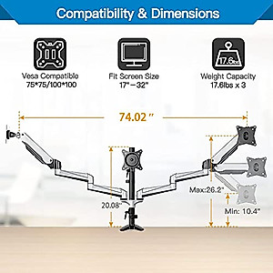 HUANUO Triple Monitor Stand - Full Motion Articulating Gas Spring Monitor Mount Fit Three 17 to 32 inch Flat/Curved LCD Computer Screens with Clamp, Grommet Kit, Silver