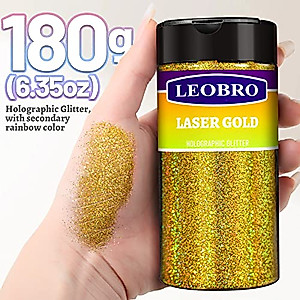 Holographic Ultra Fine Glitter, 180G/6.35OZ Resin Glitter Powder Sequins Flakes, 1/128" Metallic Iridescent Glitter for Resin Tumblers Art Crafts, Hair Face Body Nail Glitter, LEOBRO Gold Glitter