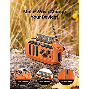 FORTECLEAR 5000mAh Hand Crank Solar Emergency Radio, 3W LED Flashlight/Reading Lamp Weather Radio, NOAA/AM/FM Portable Radio Indoor and Outdoor, SOS Alarm and Phone Charge, Survival Gear for Hurricane