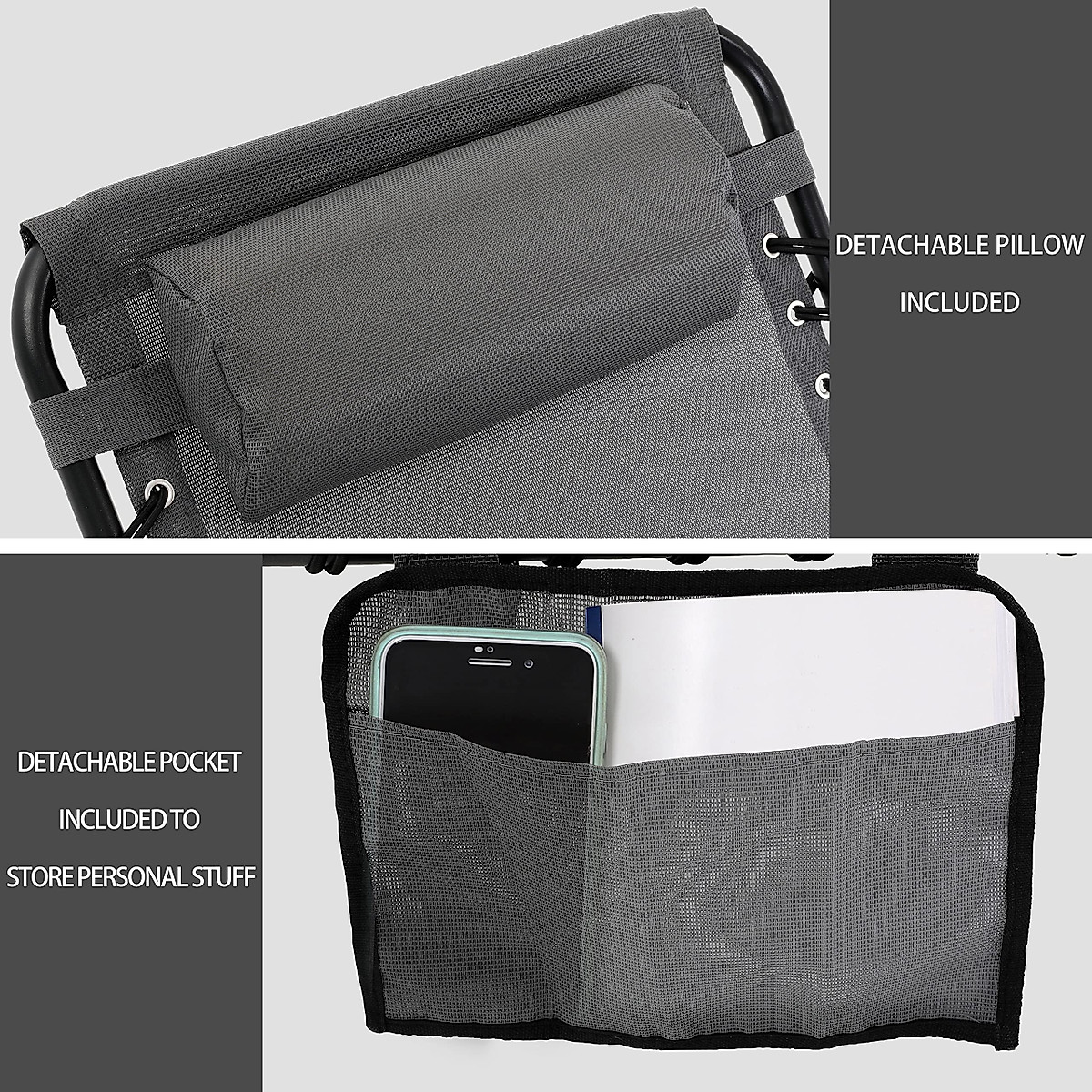 MUPATER 4-Fold Patio Chaise Lounge Chair for Outdoor with Detachable Pocket and Pillow, Portable Sun Lounger Recliner for Beach, Camping and Pool, Grey