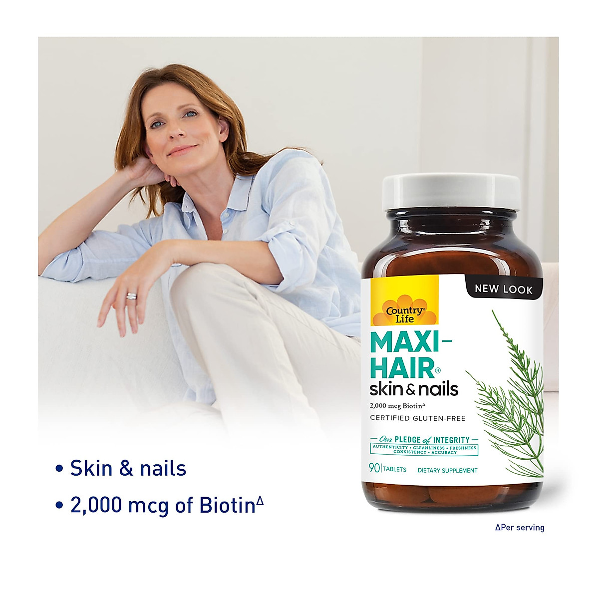 Country Life Maxi-Hair Supplement - 2000mcg Biotin & Vitamins for Hair, Skin & Nails - Certified Gluten-Free & Vegetarian - Supports Hair Growth, 90 Tablets