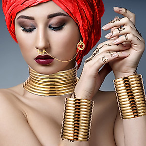 Hicarer 6 Pcs African National Gold African Jewelry Women Set Flamboyant Egypt Choker Bracelet African Nose Rings Hoop Chain Earrings for Halloween Theme Party