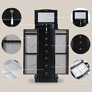Alveare Home North Locking 7-Drawer Jewelry Armoire – Spacious Organizer with Mirror, Necklace Hooks & Anti-Tarnish Lining, Black