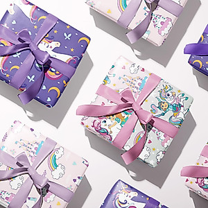LeZakaa Birthday Wrapping Paper Roll - Mini Roll - Purple Unicorn/Castle, Rainbow/Girl, Unicorn Print for Kids, Girl, Women Gift Wrapping Party Favor - 17.5 x 120 inches, 3 Rolls (42.5 sq.ft.ttl.)