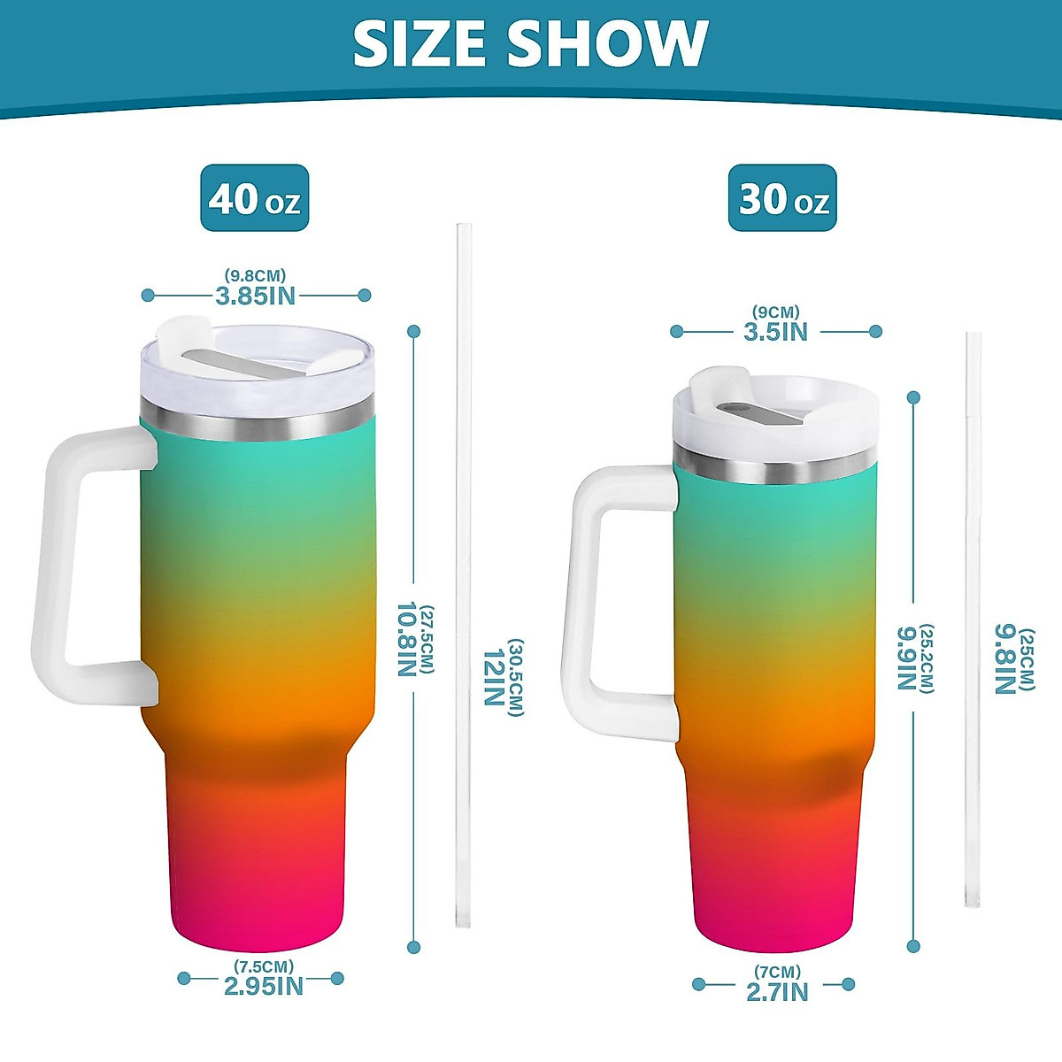 Teal Orange Pink Gradient 40 Oz Travel Tumbler with Straw and Lid Insulated Coffee Cups